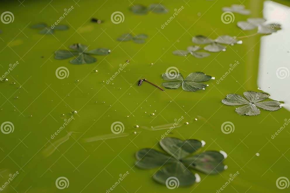 Floating Clover Leaves in a Pond Stock Illustration - Illustration of ...