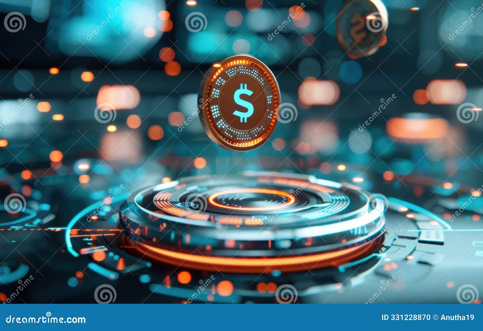 Floating Coins in a Zero-gravity Chamber, Accented by a Spiraling 3D ...