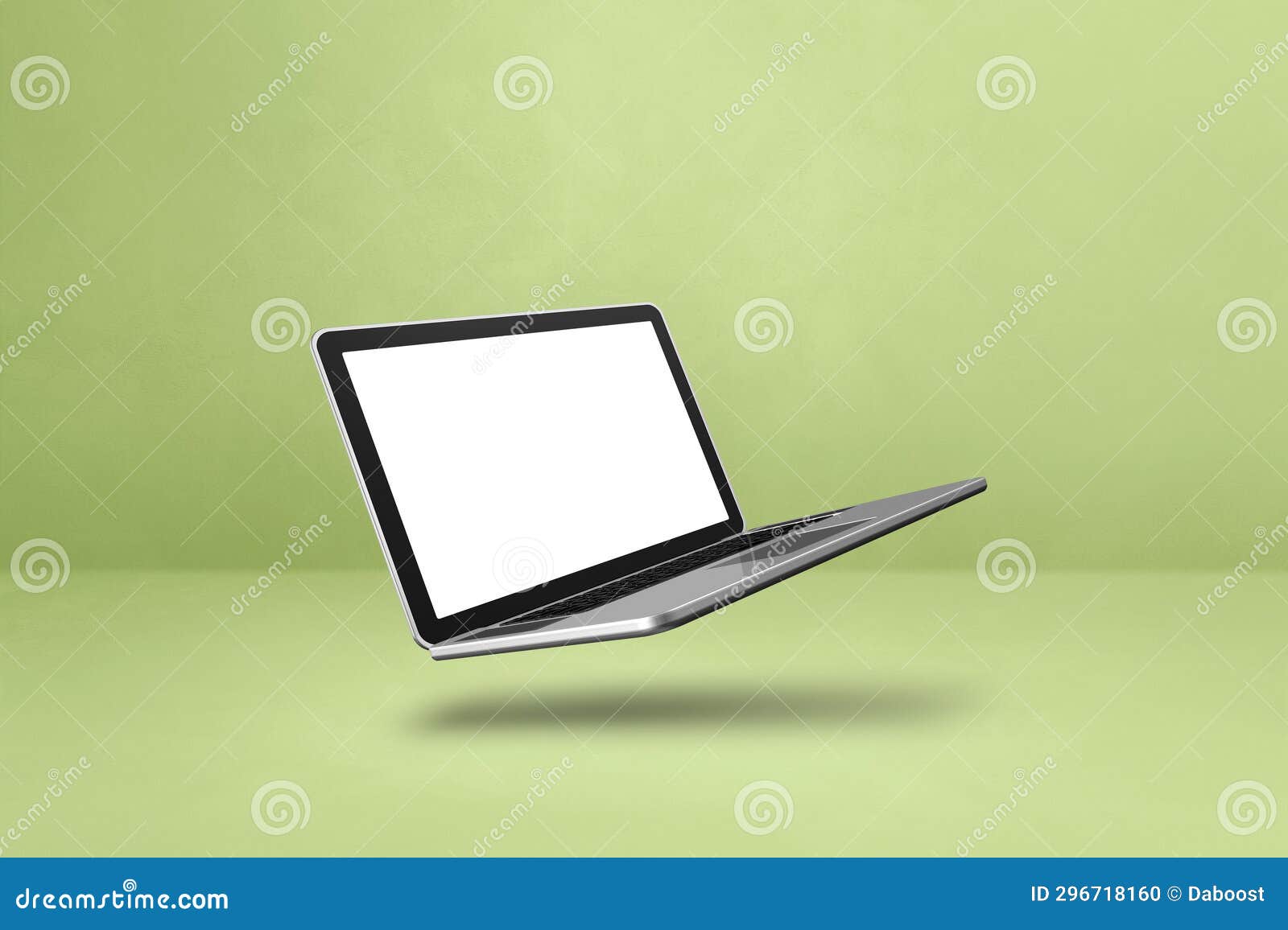 Floating Computer Laptop Isolated on Green. Horizontal Background Stock ...