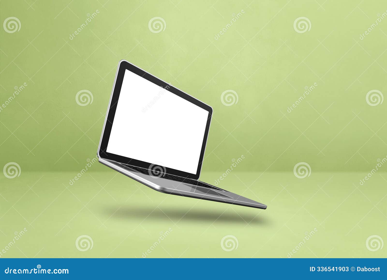 Floating Computer Laptop Isolated on Green. Horizontal Background Stock ...