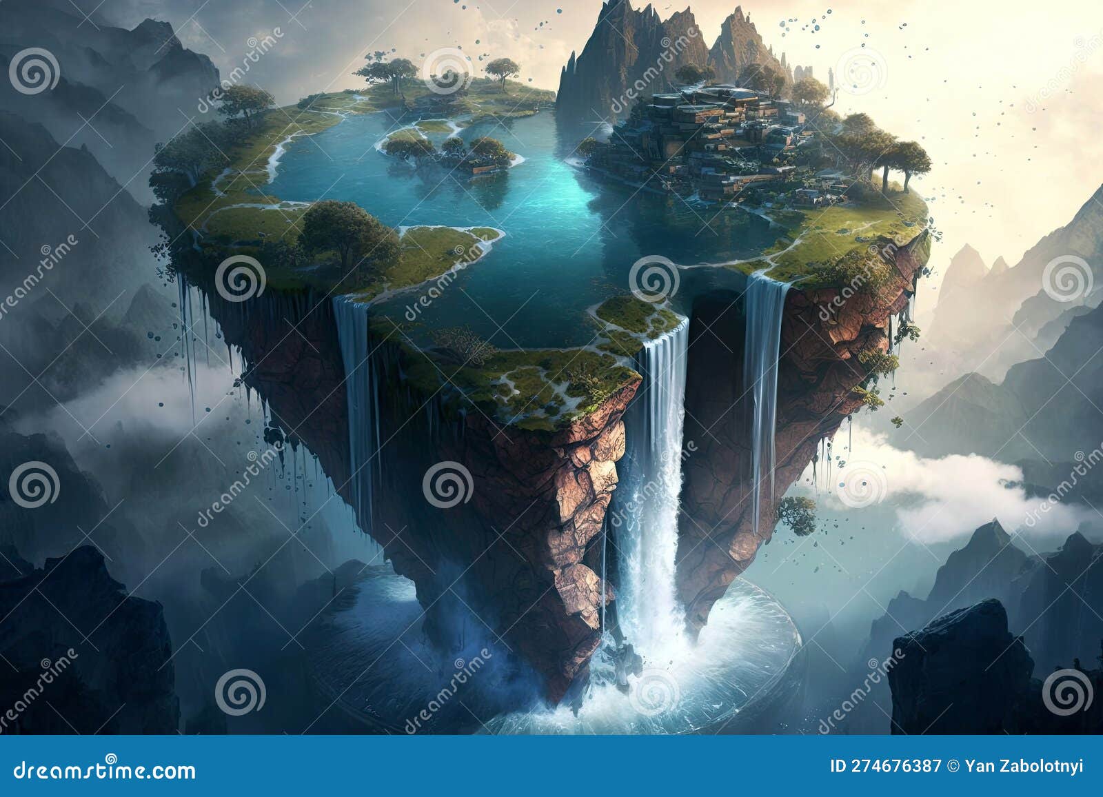 A Floating Continent with Waterfalls and Rivers. Generative AI Stock ...