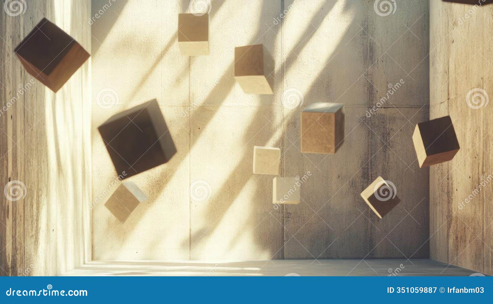 Floating Cubes in a Concrete Room, Minimalist Architectural Abstract ...