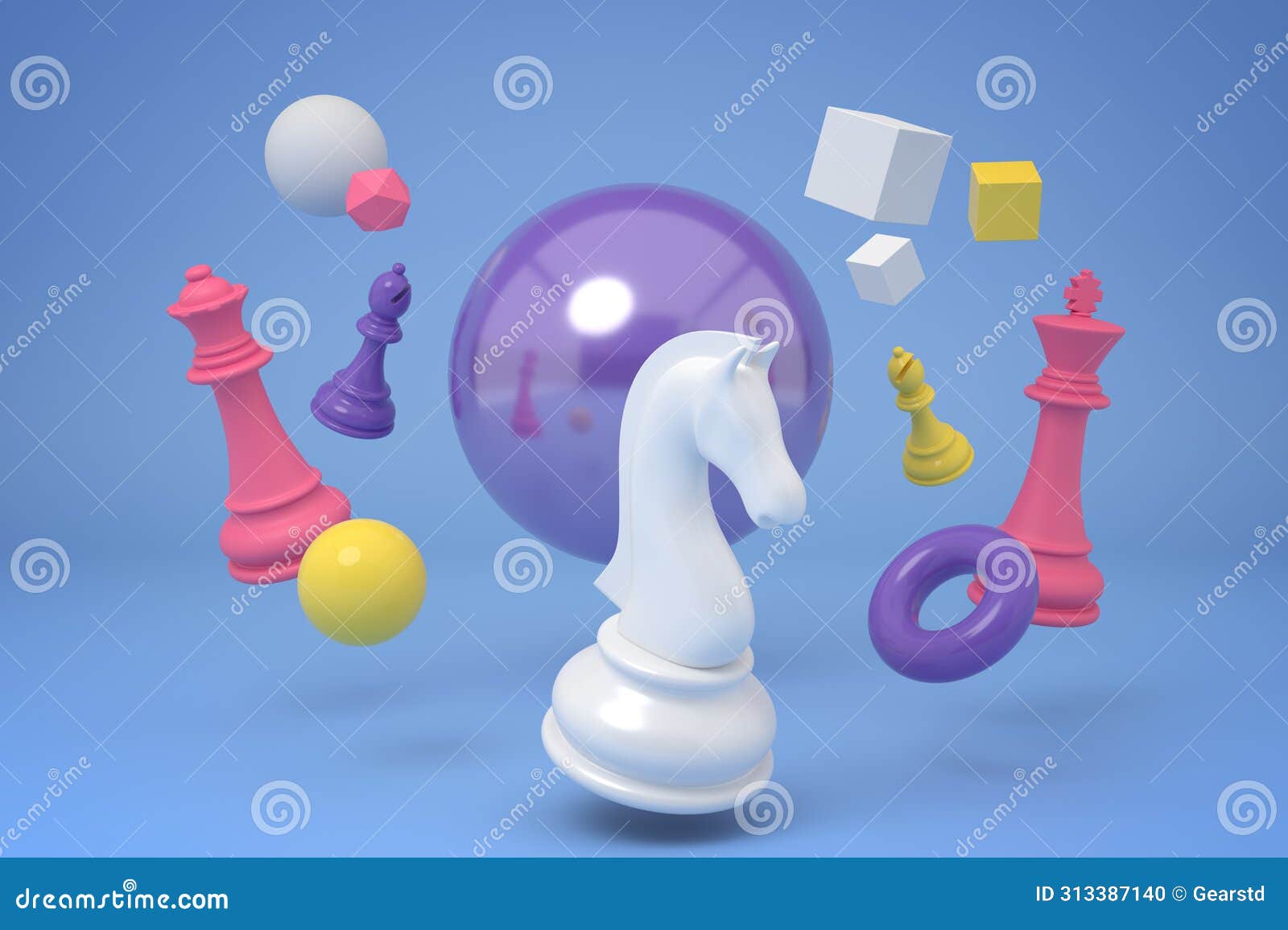 Floating 3D Chess Pieces with Geometric Shapes Stock Illustration ...