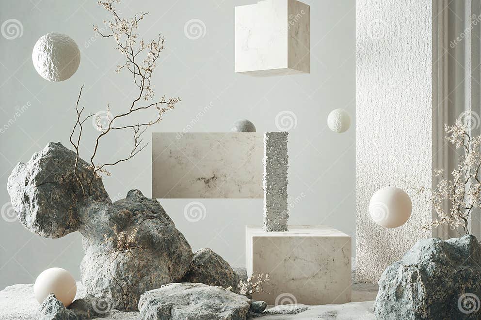 Floating 3D Geometric Shapes Intertwining with Organic Elements ...