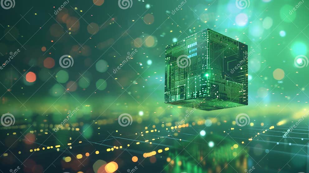 Floating Digital Cube with Green Cyber Circuits and Data Nodes Stock ...