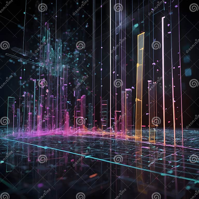 Floating Digital Graph with Geometric Shapes and Glowing Data Points ...