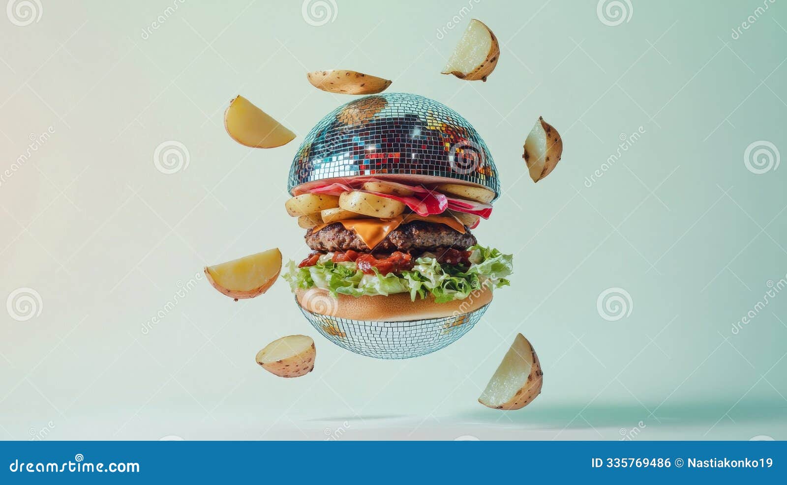 Floating Disco Ball Cheeseburger with Potato Wedges Stock Photo - Image ...