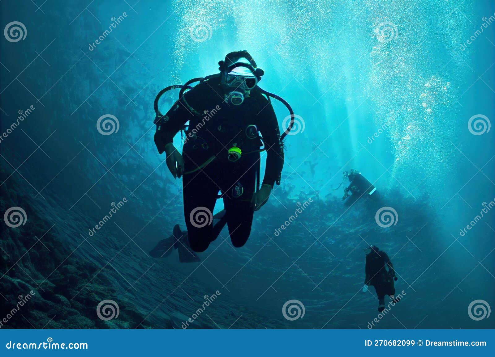 Floating Diver and Diver Underwater View of Blue Water and Bottom ...