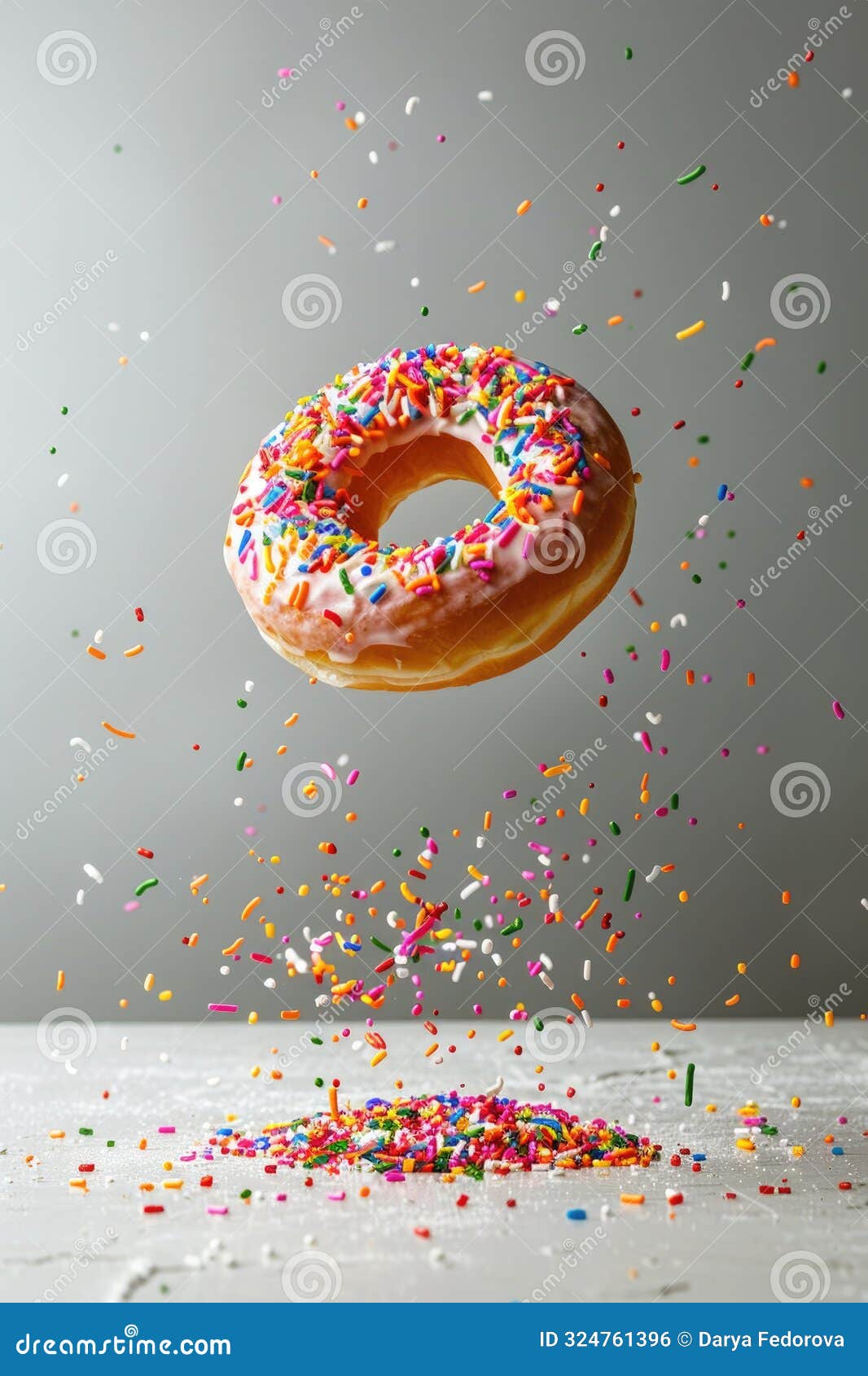 Floating Donut with Pink Icing and Sprinkles Against a Grey Background ...
