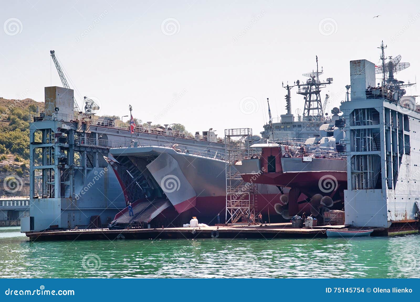 Floating Dry Dock with Two Russian Landing Crafts. Stock Photo - Image ...