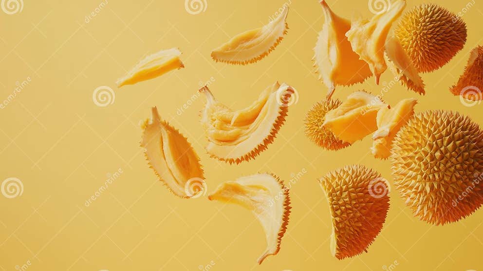 Floating Durian Pieces, a Vibrant Fruit Explosion Stock Illustration ...