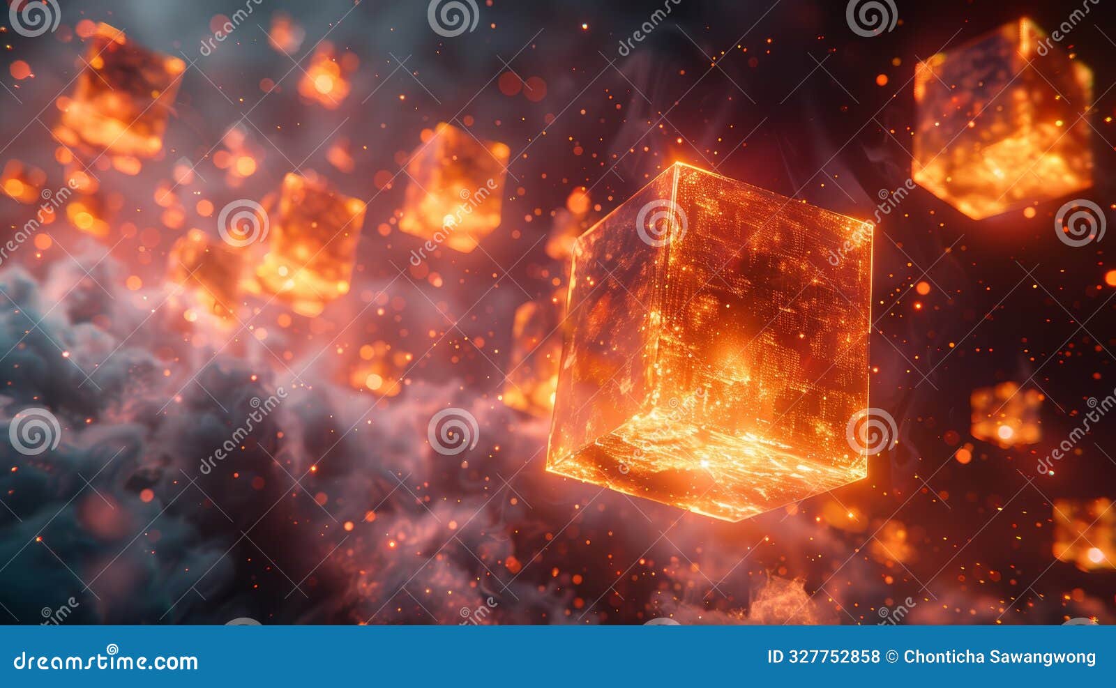 Floating Fiery Cubes in a Cosmic Nebula Stock Illustration ...