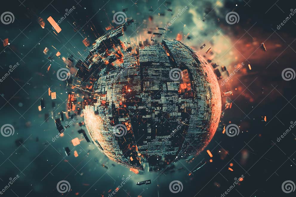 Floating Fragmented Globe Composed of Data Lines in a Dynamic Space ...