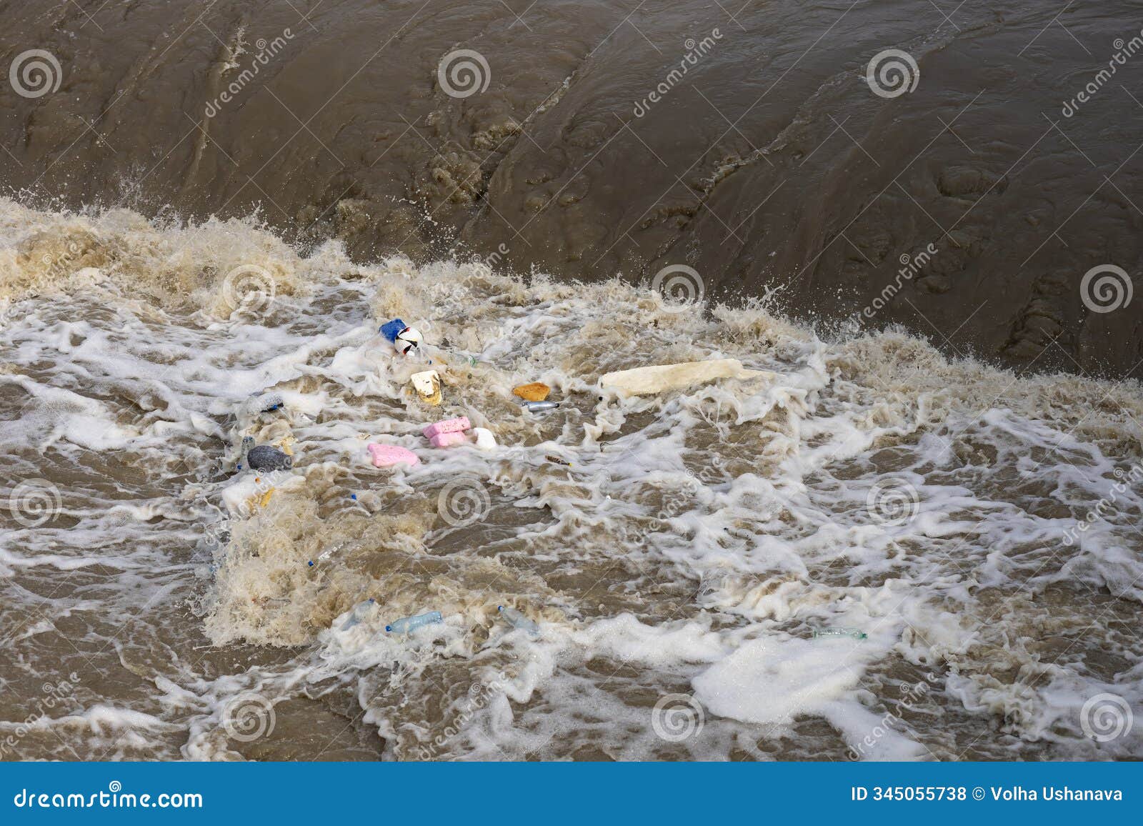 Floating Garbage and Debris Swept by Powerful River Currents after ...