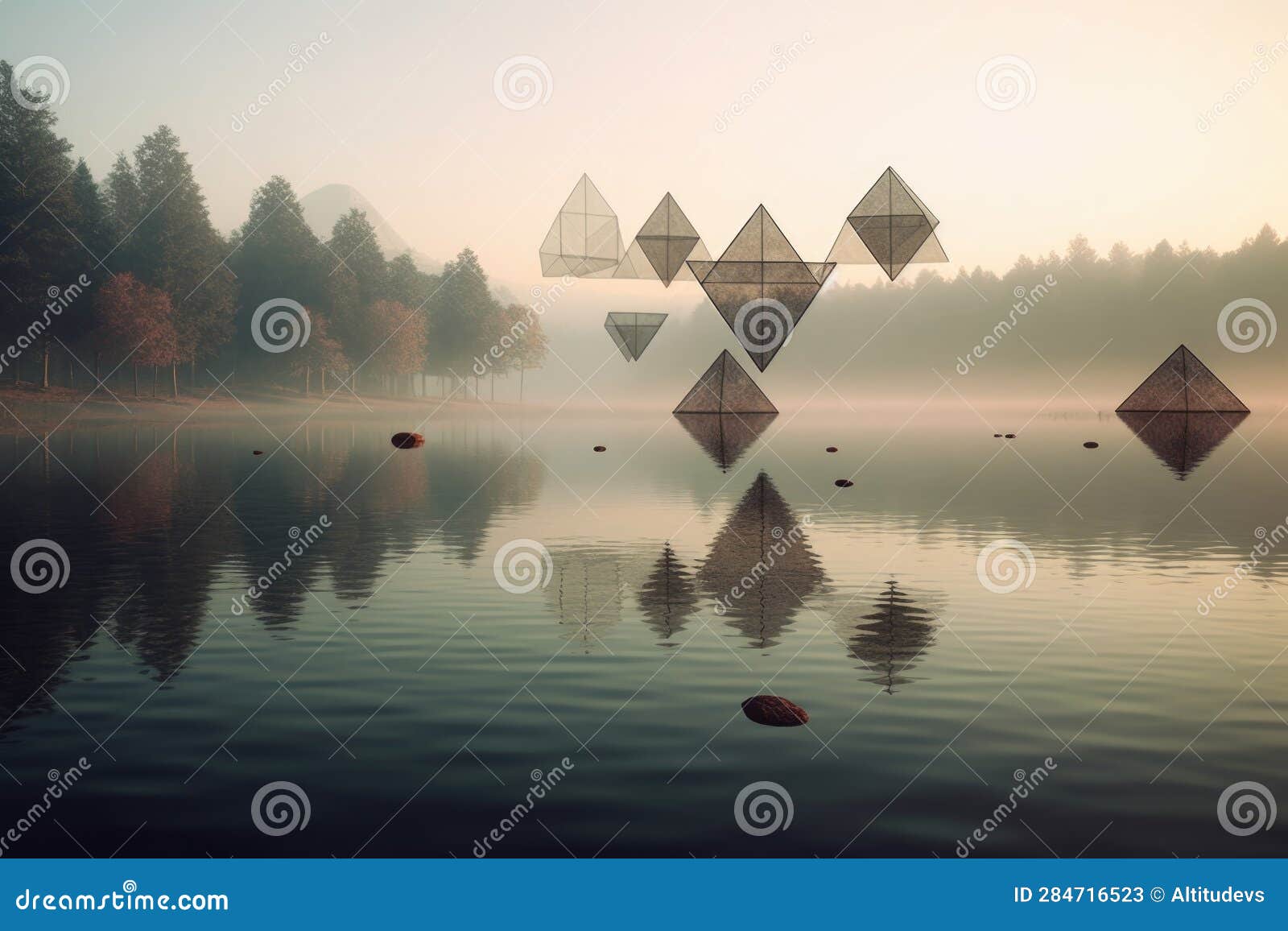 Floating Geometric Shapes Over a Misty Lake Stock Image - Image of ...