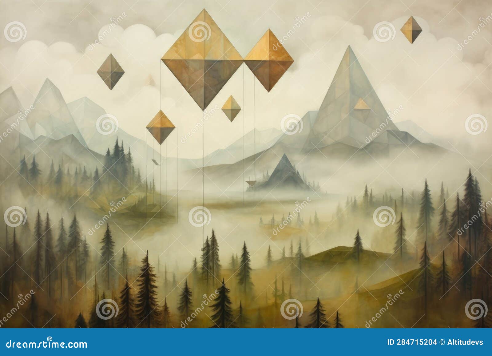 Floating Geometric Shapes Over a Misty Landscape Stock Illustration ...