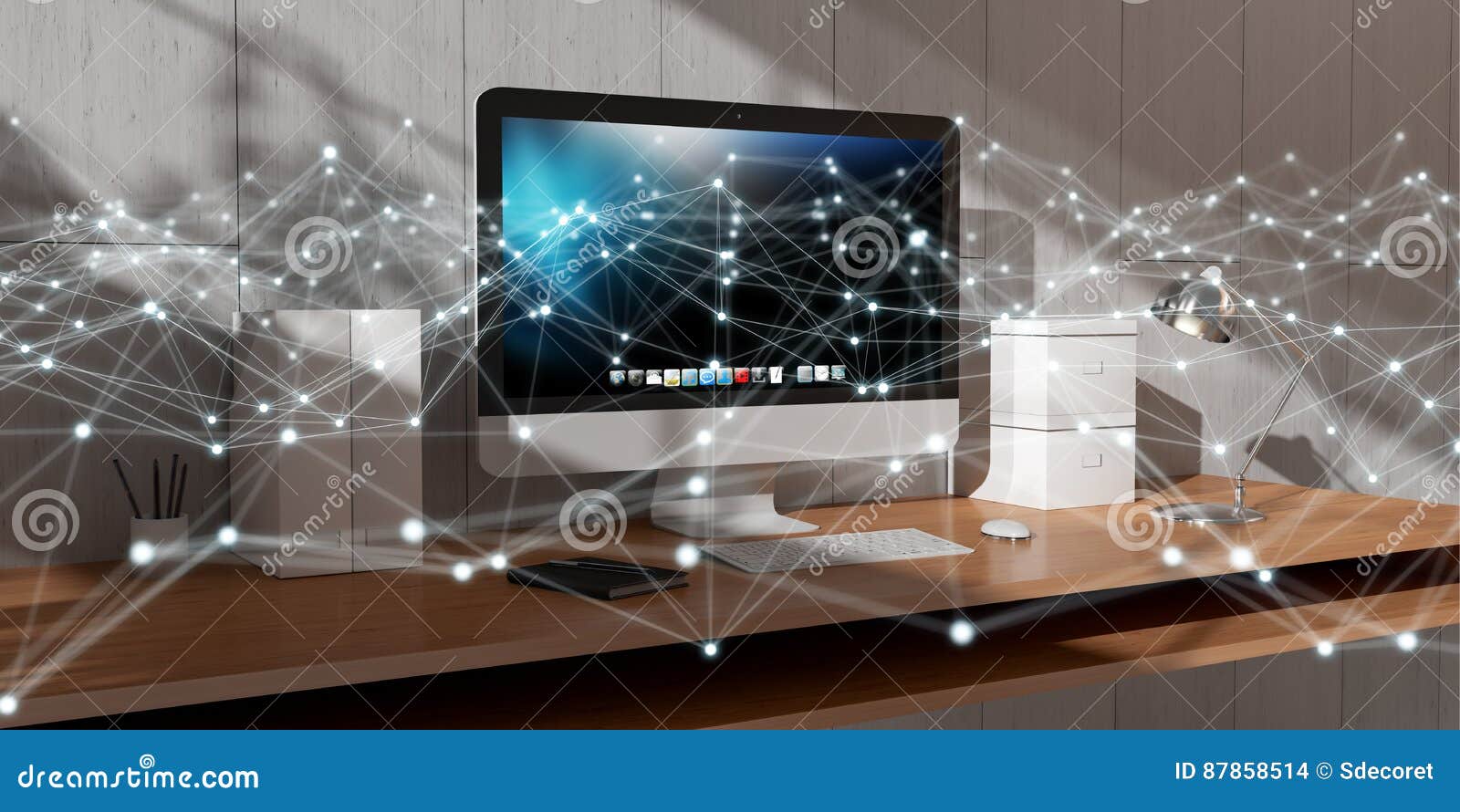 Floating Glowing Dot Network on Desktop 3D Rendering Stock Illustration ...