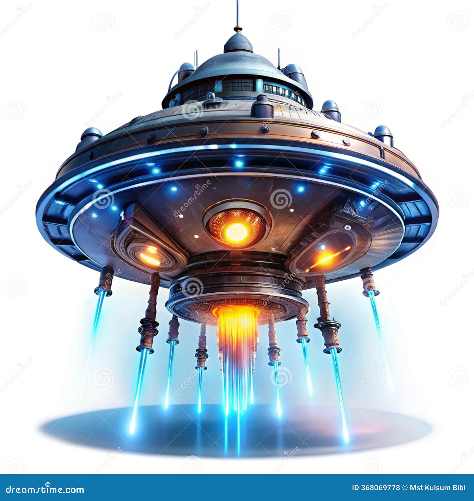 Floating Glowing Spaceship With Rotating Engines Stock Photo ...