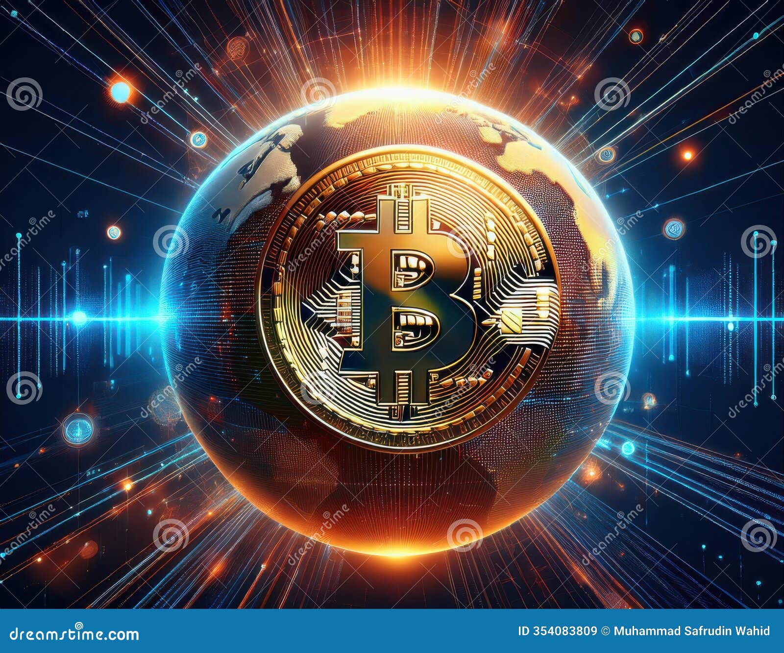 LFloating Golden Bitcoin Symbol Above a Glowing 3D Globe Surrounded by ...