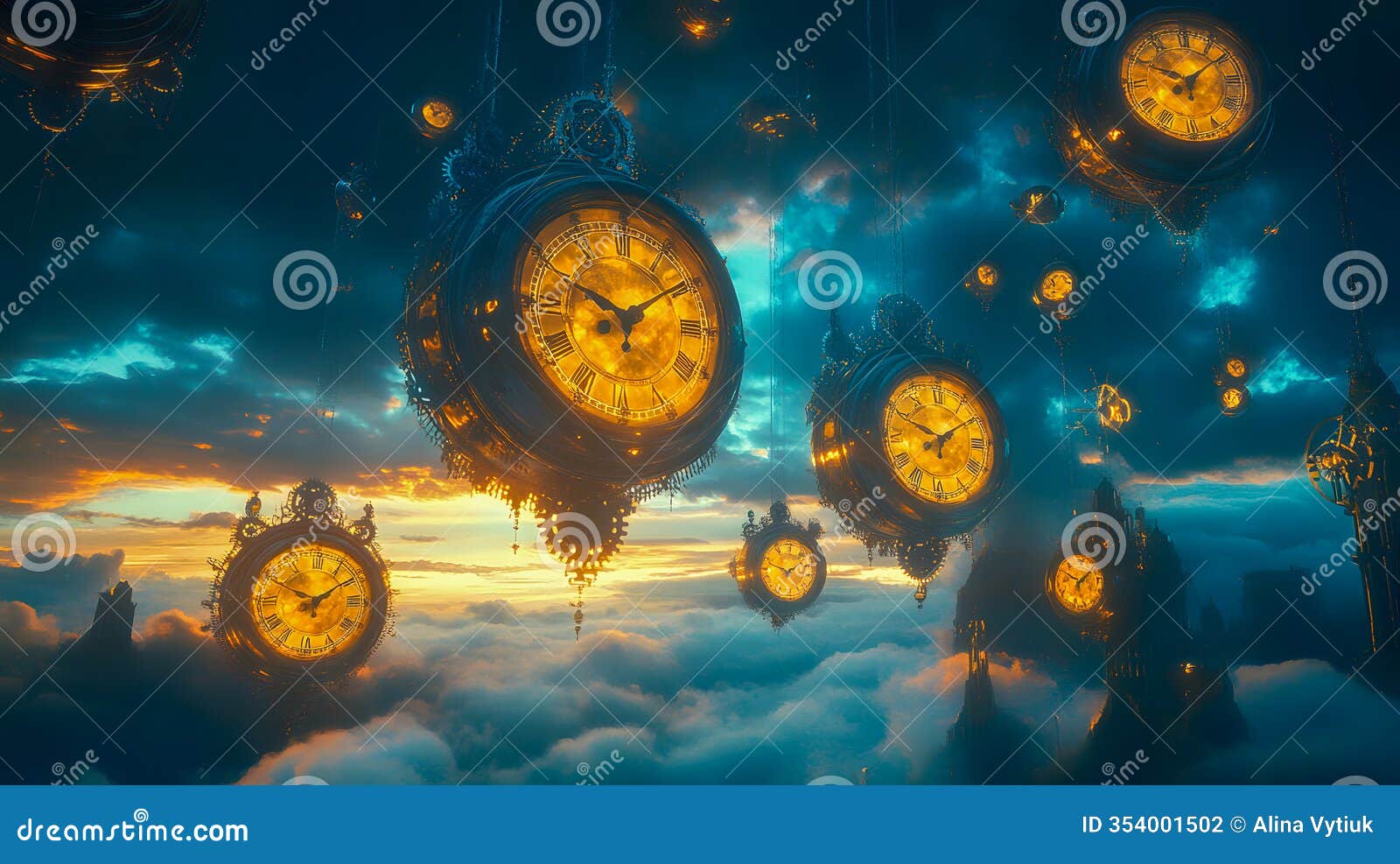 Floating Golden Clockwork Orbs In A Surreal Sky Above Clouds With A ...