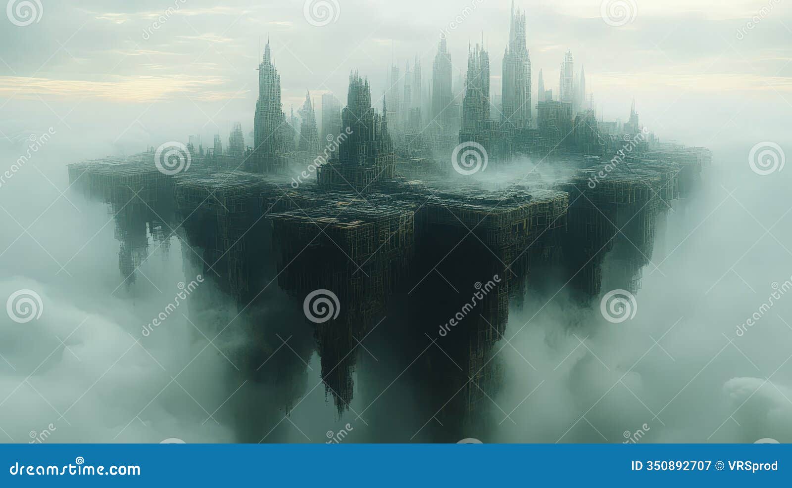 Floating Gothic Cityscape in Mystical Fog Stock Image - Image of design ...