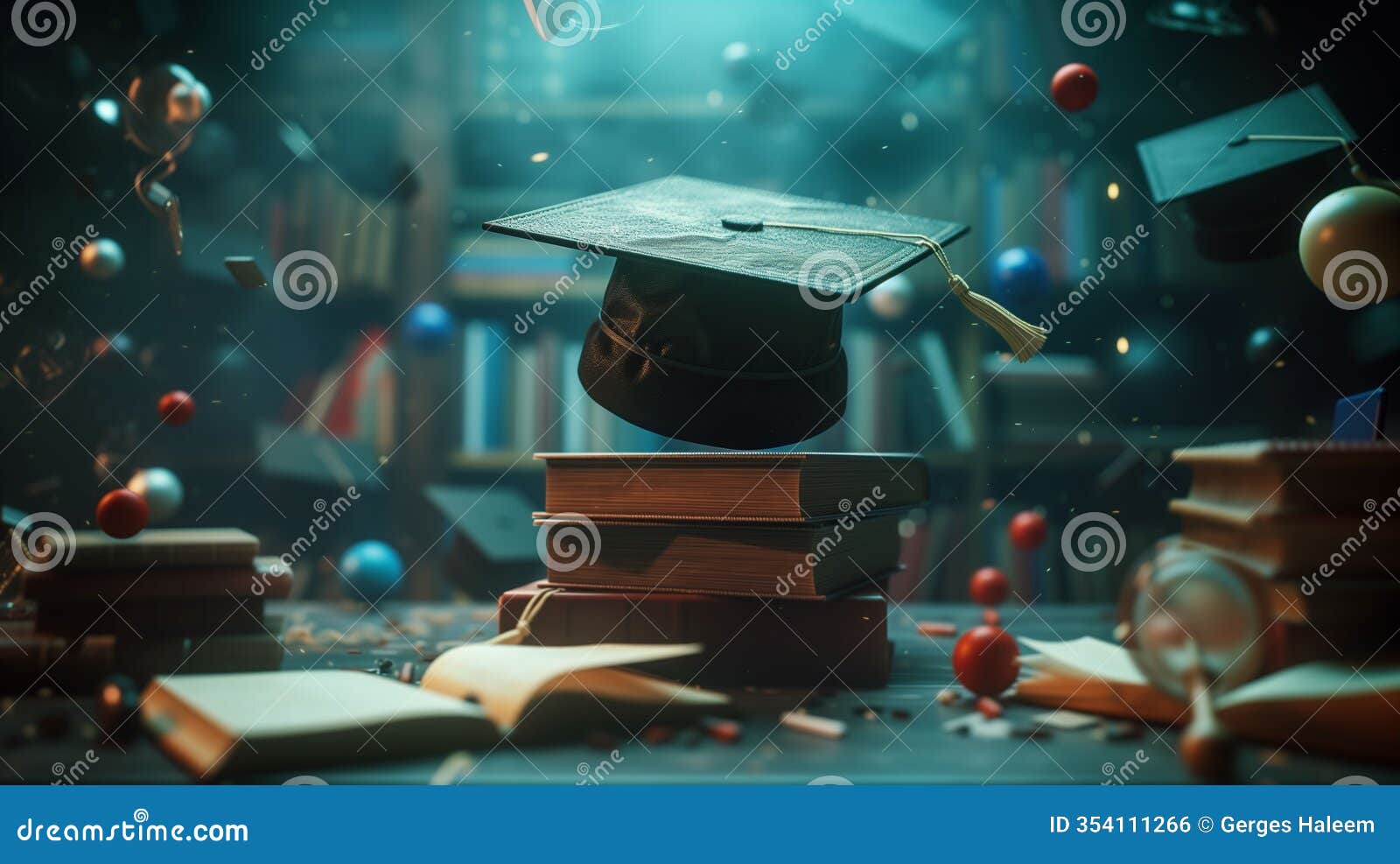 Floating Graduation Cap Above a Stack of Books, Celebrating Academic ...