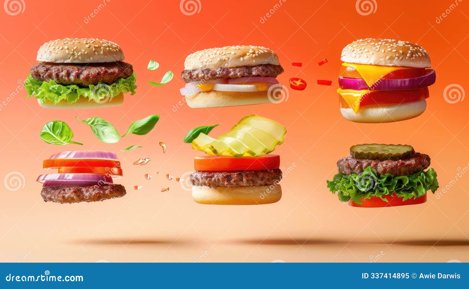 Floating Hamburger Components Against an Orange Background Stock Image ...