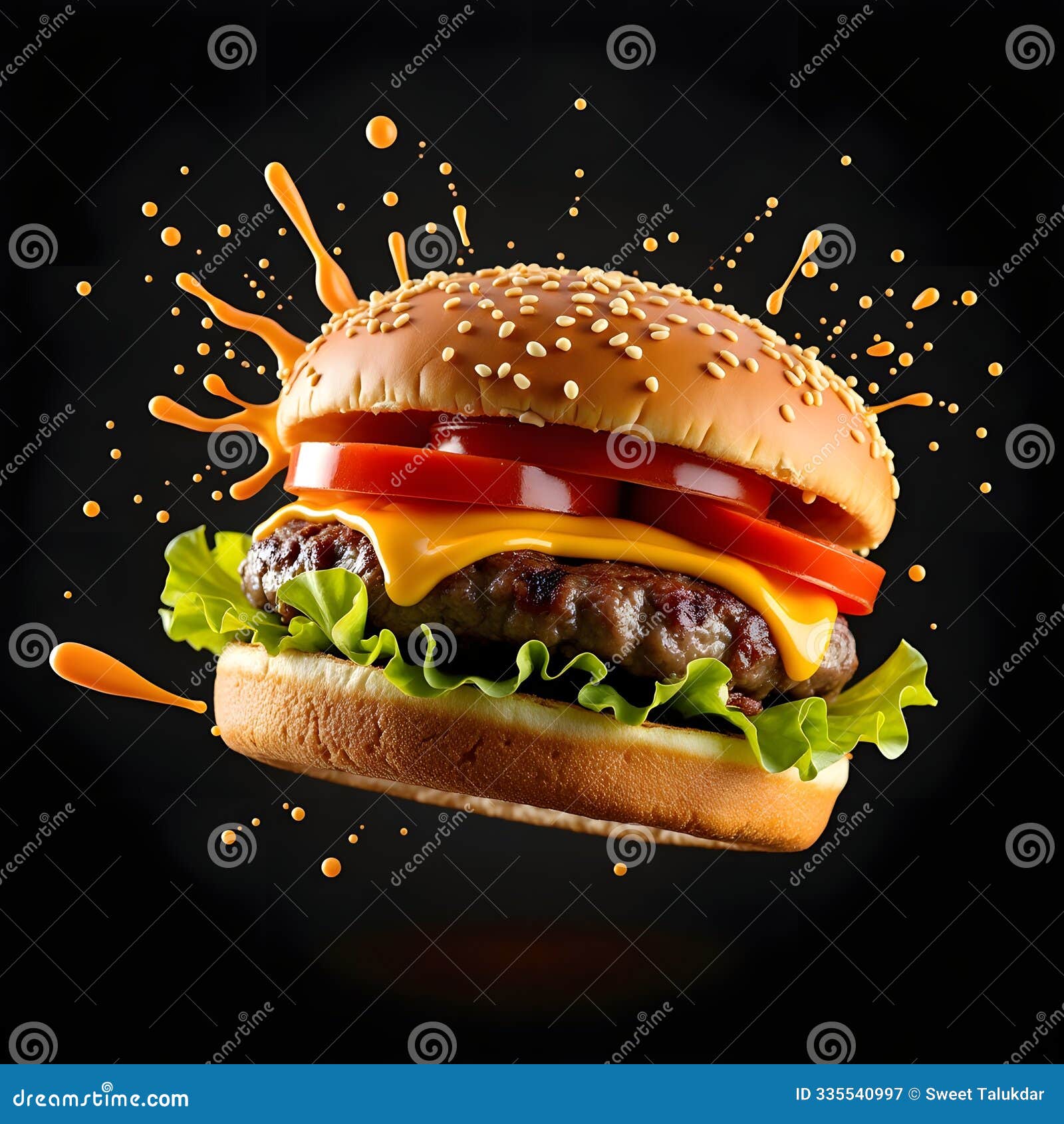 Floating Hamburger with Meat,cheese, Tomatoes, Lettuce, and Splash of ...