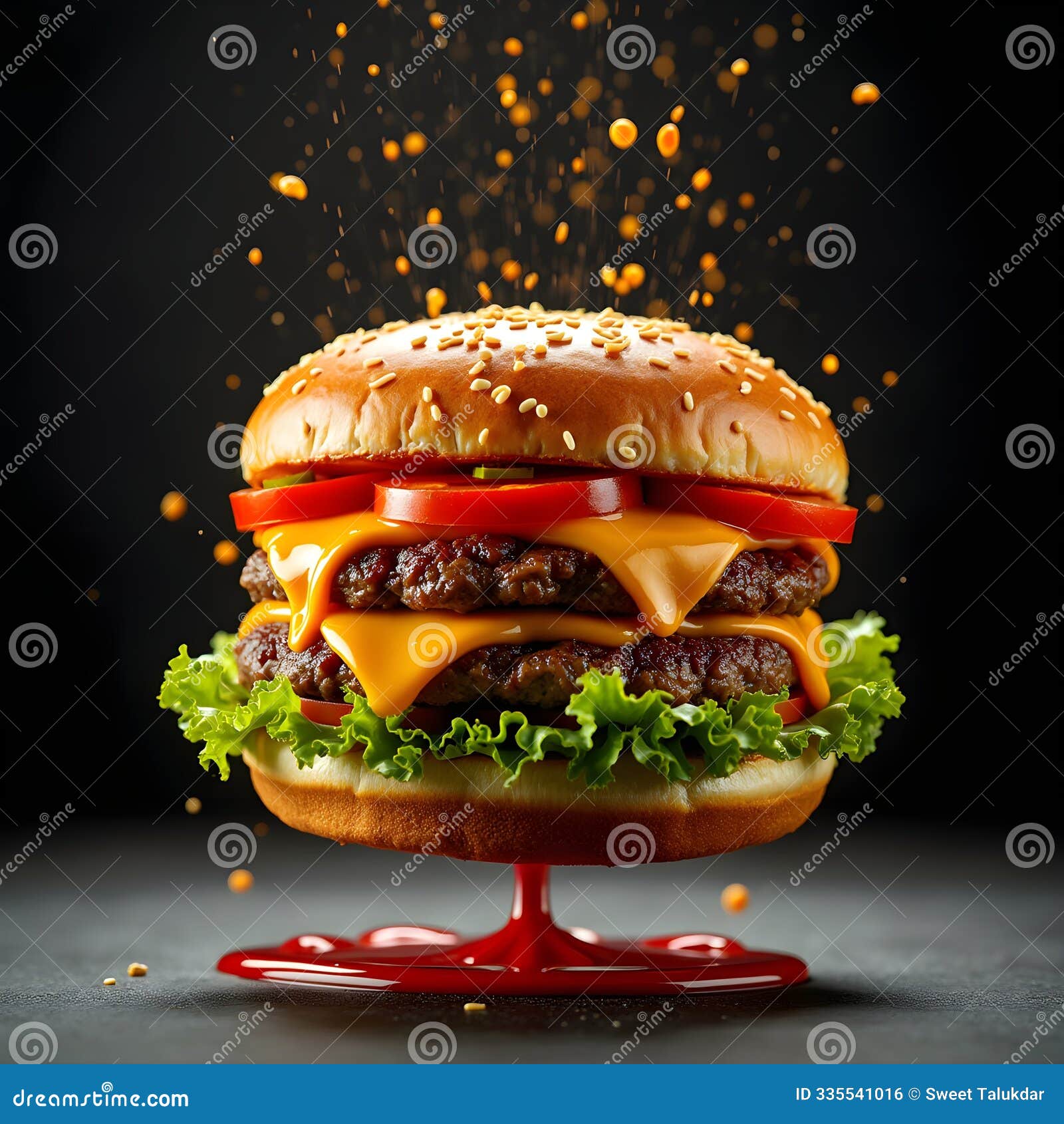 Floating Hamburger with Meat,cheese, Tomatoes, Lettuce, and Splash of ...
