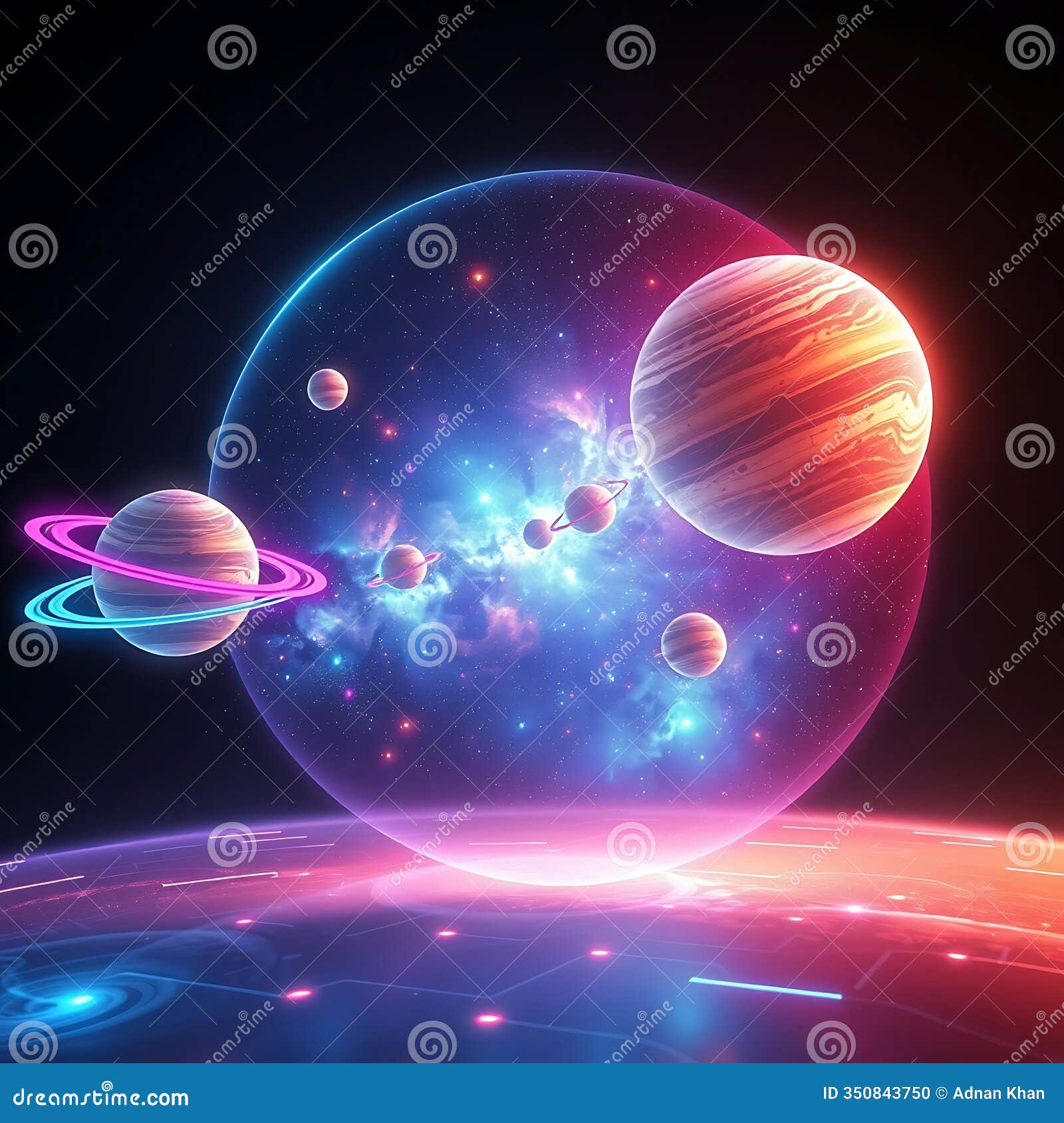 A Floating Hologram of a Galaxy with Spinning Neon Planets Stock ...