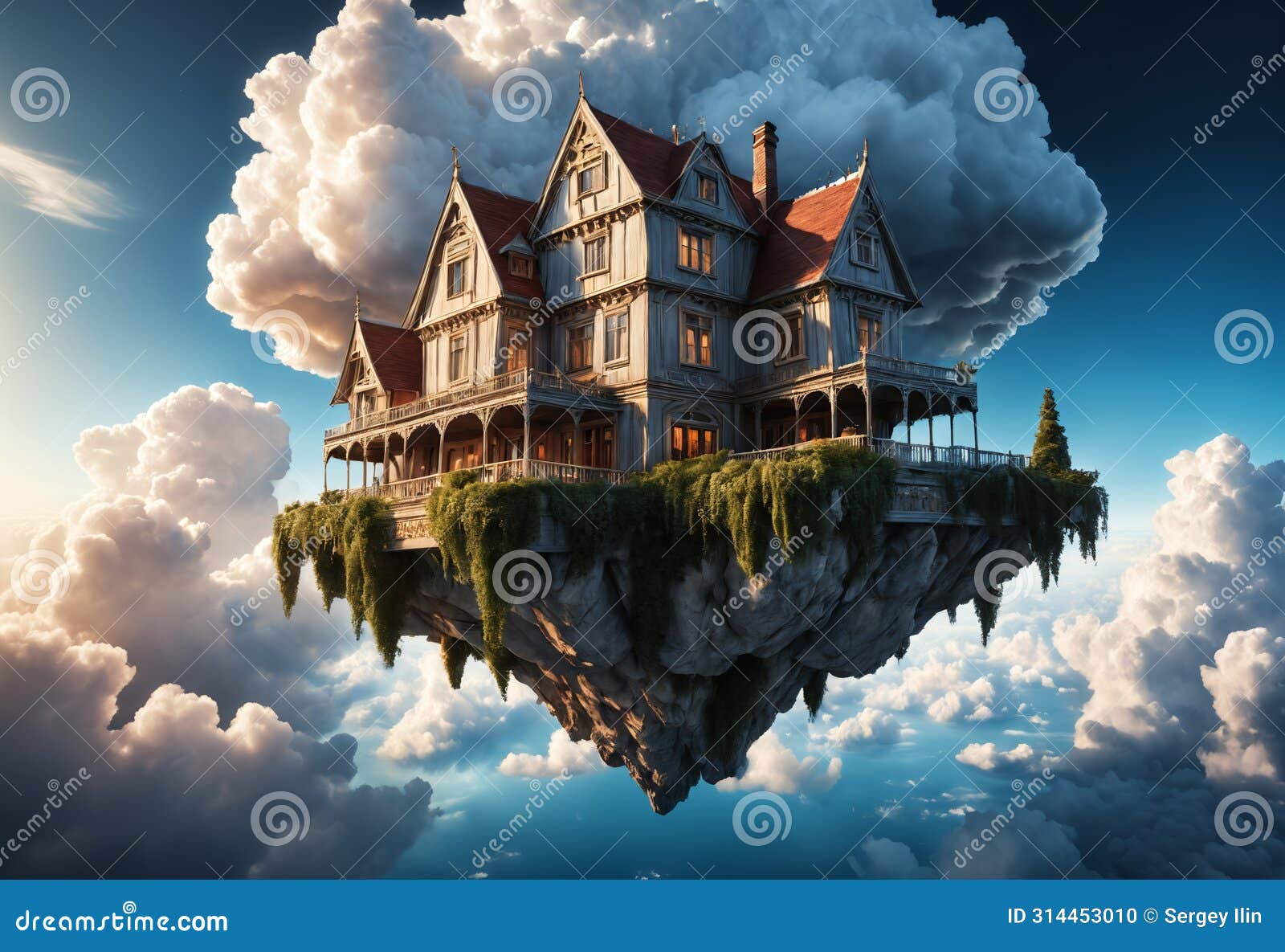 Floating House in the Sky with Clouds. Generative AI Stock Illustration ...