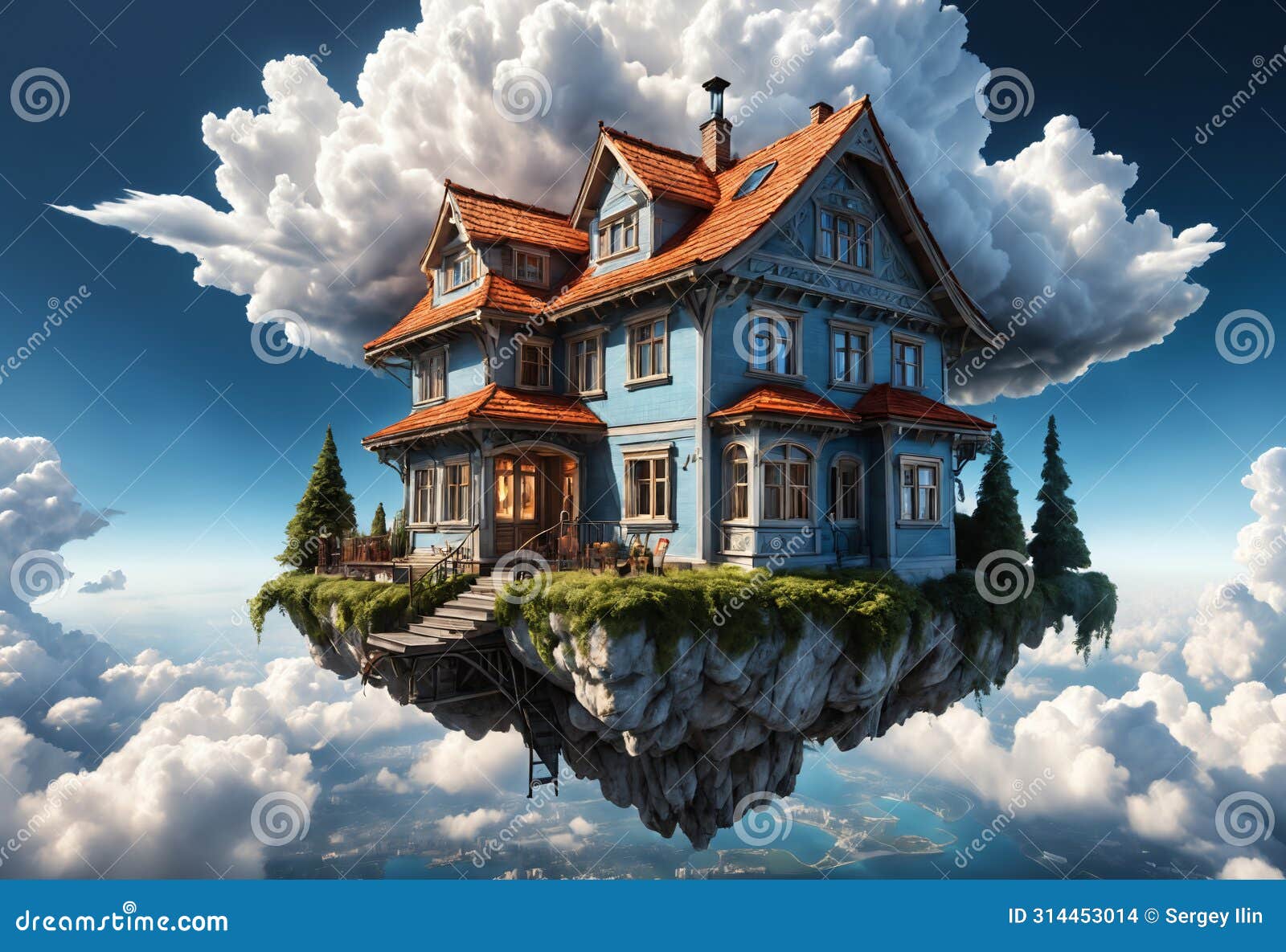 Floating House in the Sky with Clouds. Generative AI Stock Illustration ...