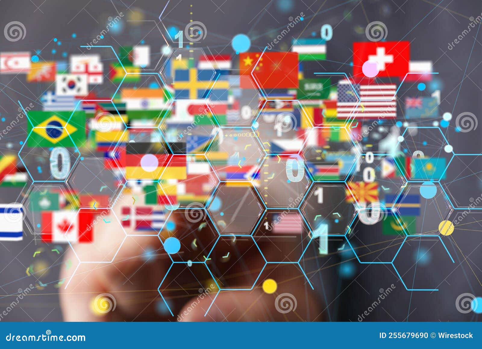 Floating Icons of Countries Flags and Binary Code Over a Hand - a ...
