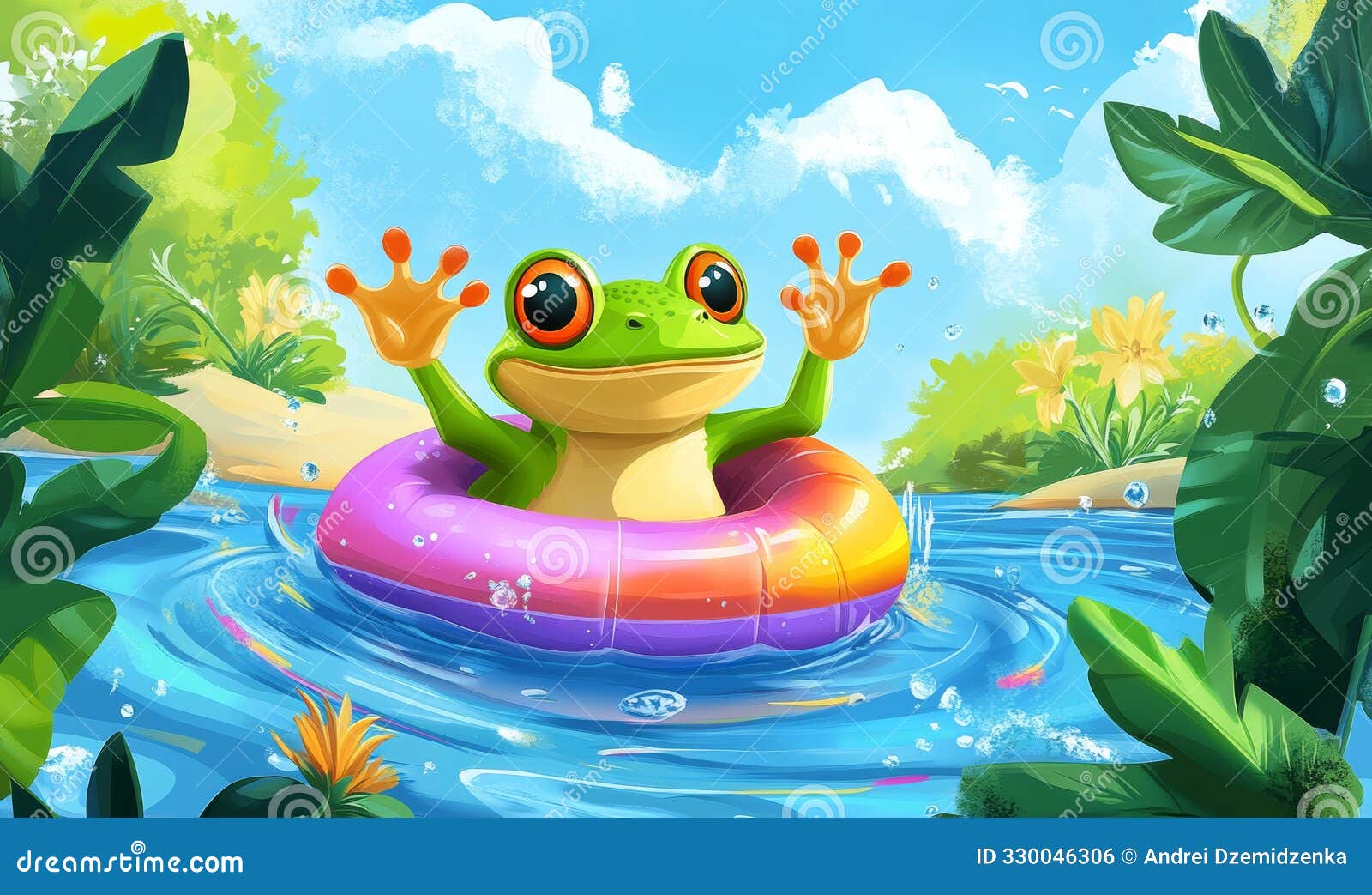On a Floating Inflatable Circle in a River, a Cartoon Frog Appears ...