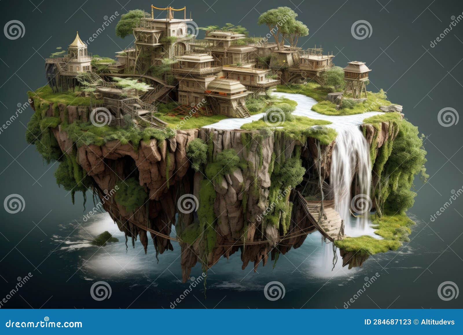 A Floating Island with a Cascading Waterfall Stock Image - Image of ...