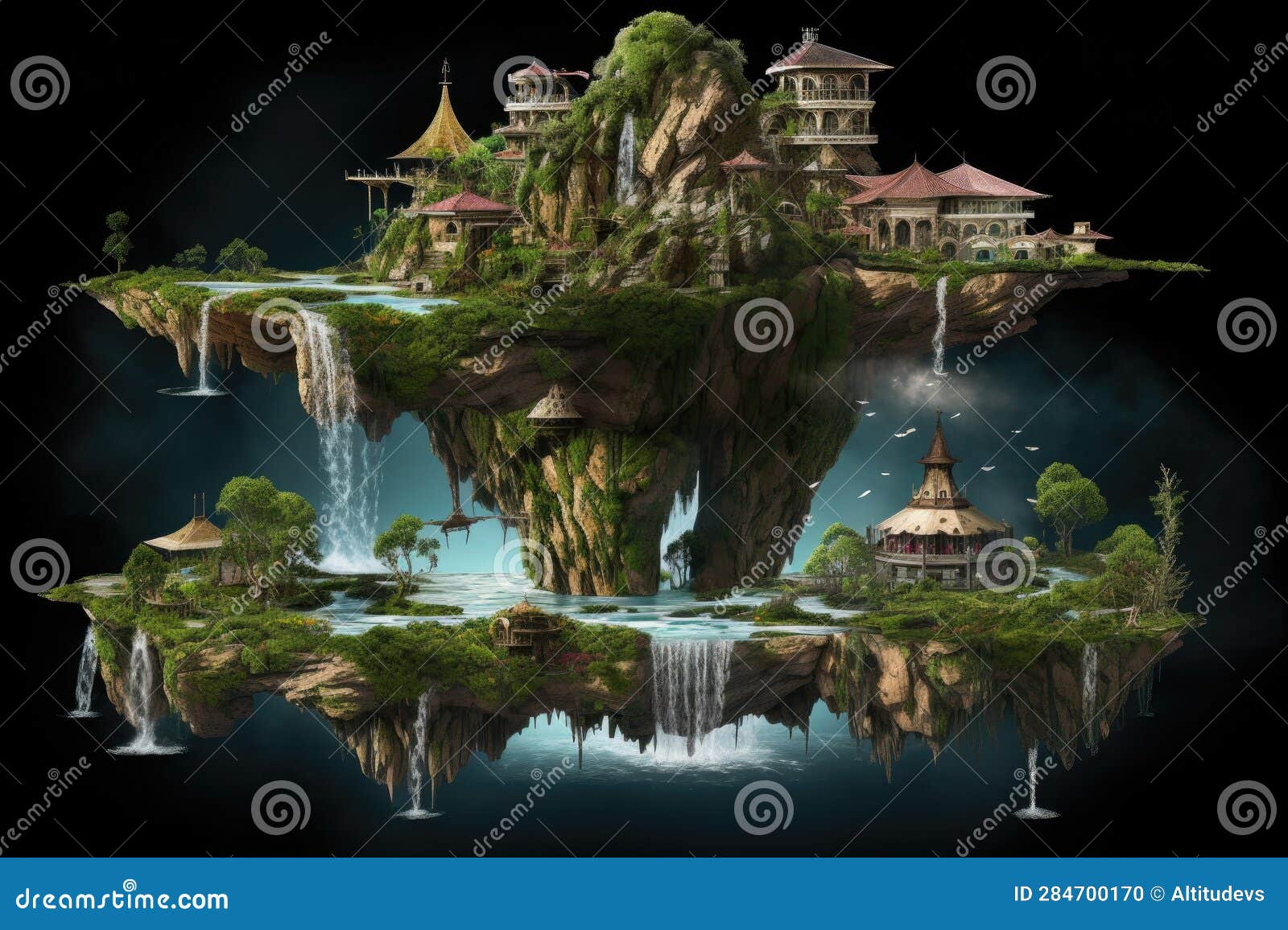 A Floating Island with a Cascading Waterfall Stock Photo - Image of ...
