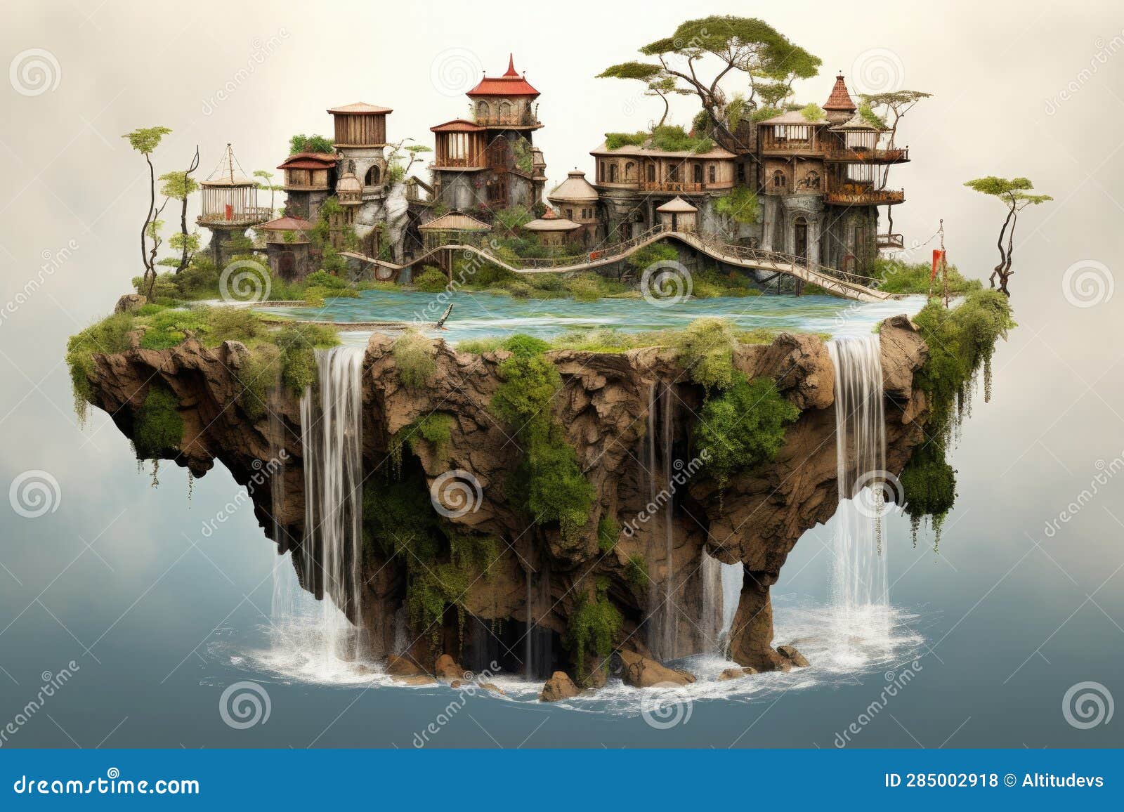 A Floating Island with a Cascading Waterfall Stock Illustration ...