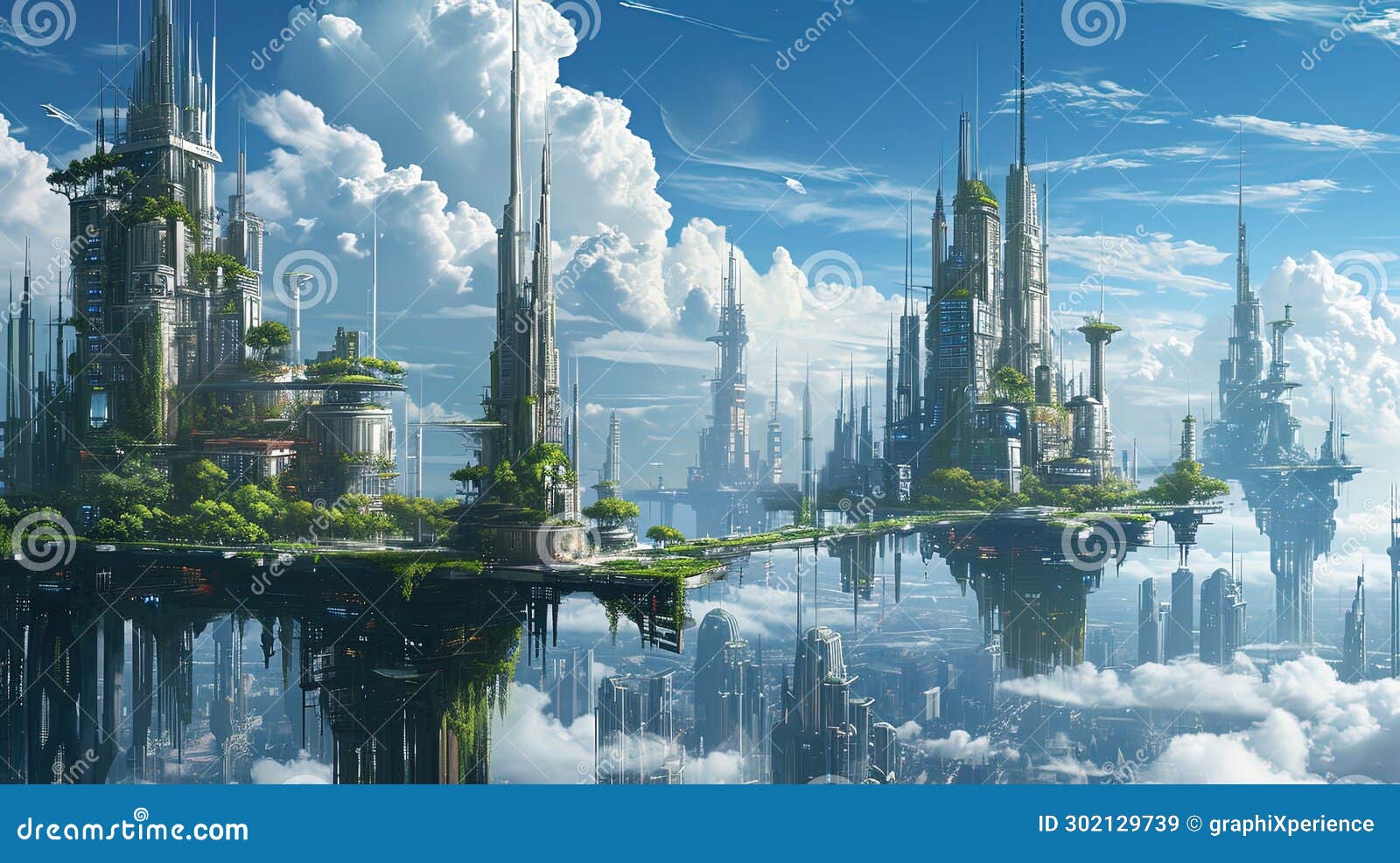Floating Island Cities stock illustration. Illustration of green ...