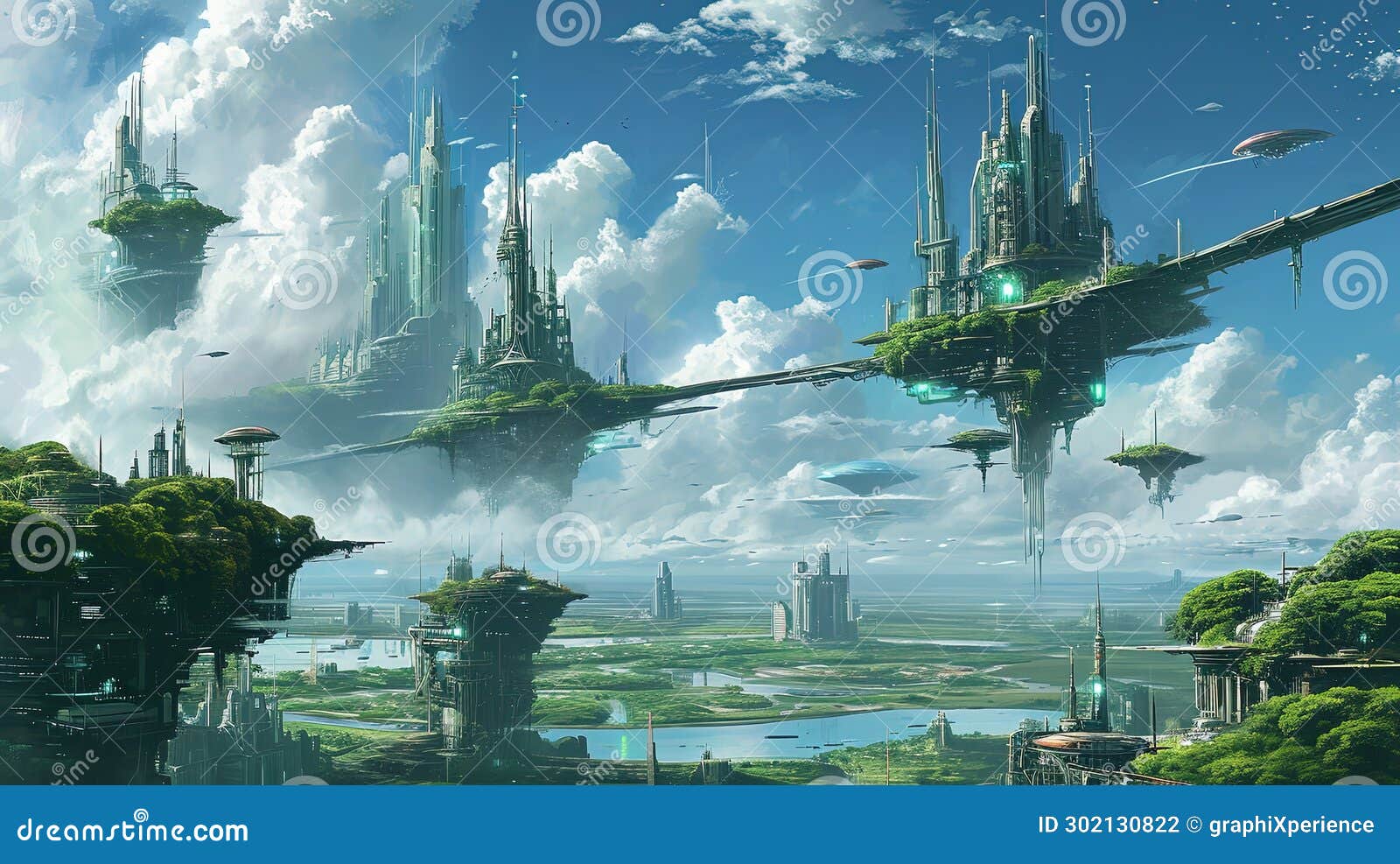 Floating Island Cities stock illustration. Illustration of green ...