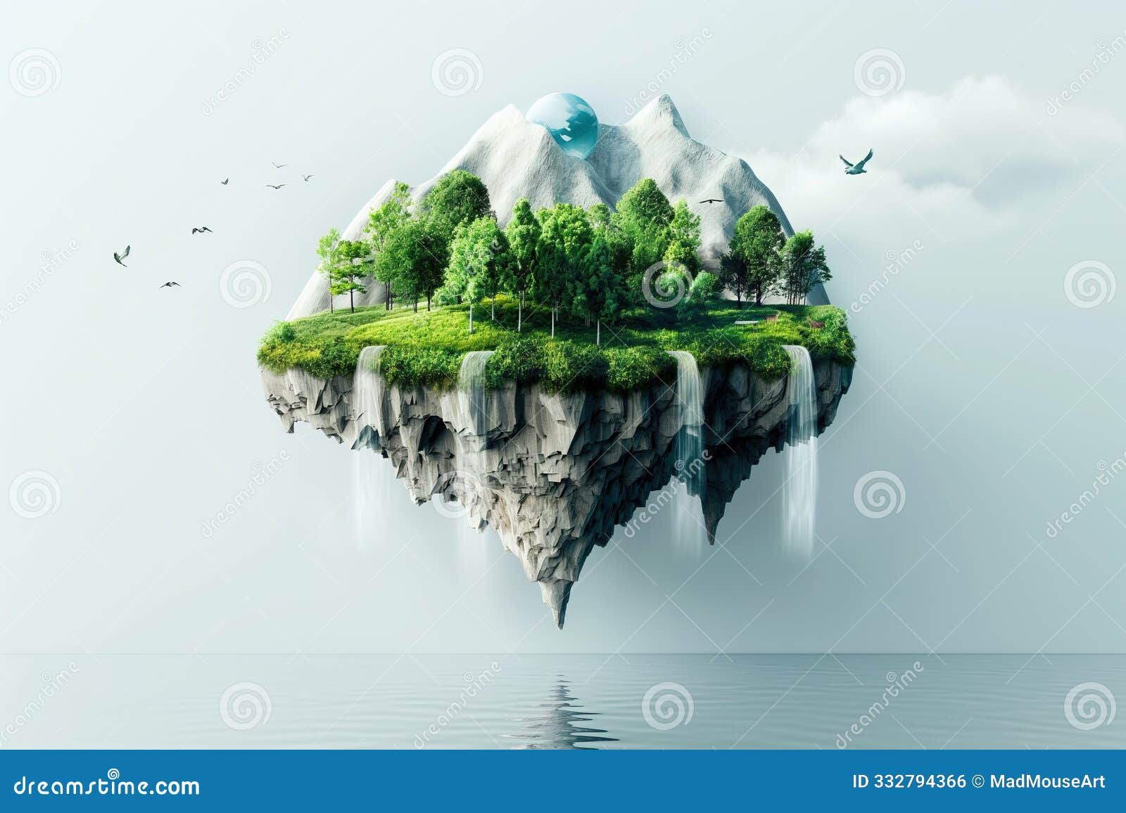 Floating Island Concept with Trees and Mountains on Water Surface. Eco ...