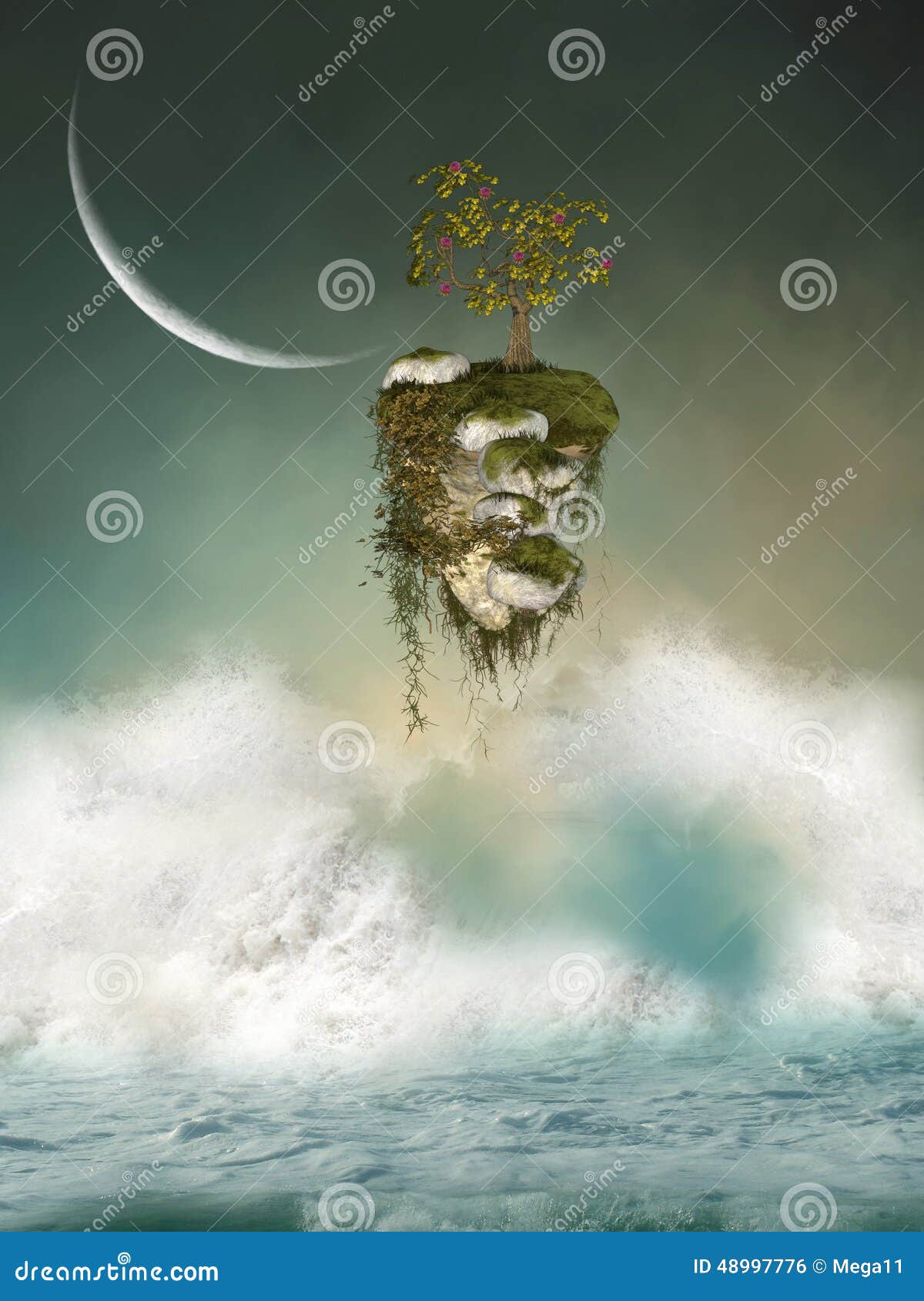 Big Floating Island With Waterfalls, Fantasy Flat Earth Concept. Flat ...