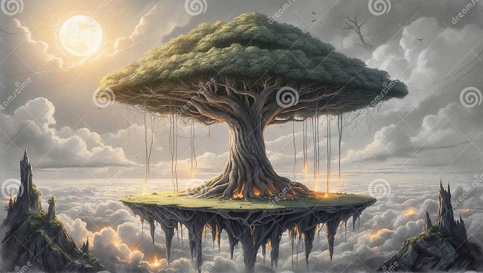Floating Island with a Gigantic Tree Whose Roots Dangle into the Clouds ...