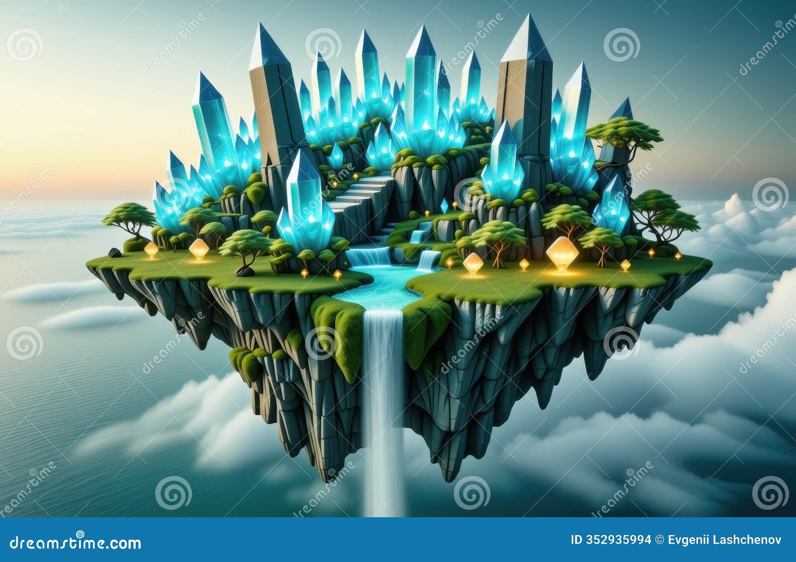 Floating Island with Glowing Crystals and Waterfall in a Surreal Sky ...