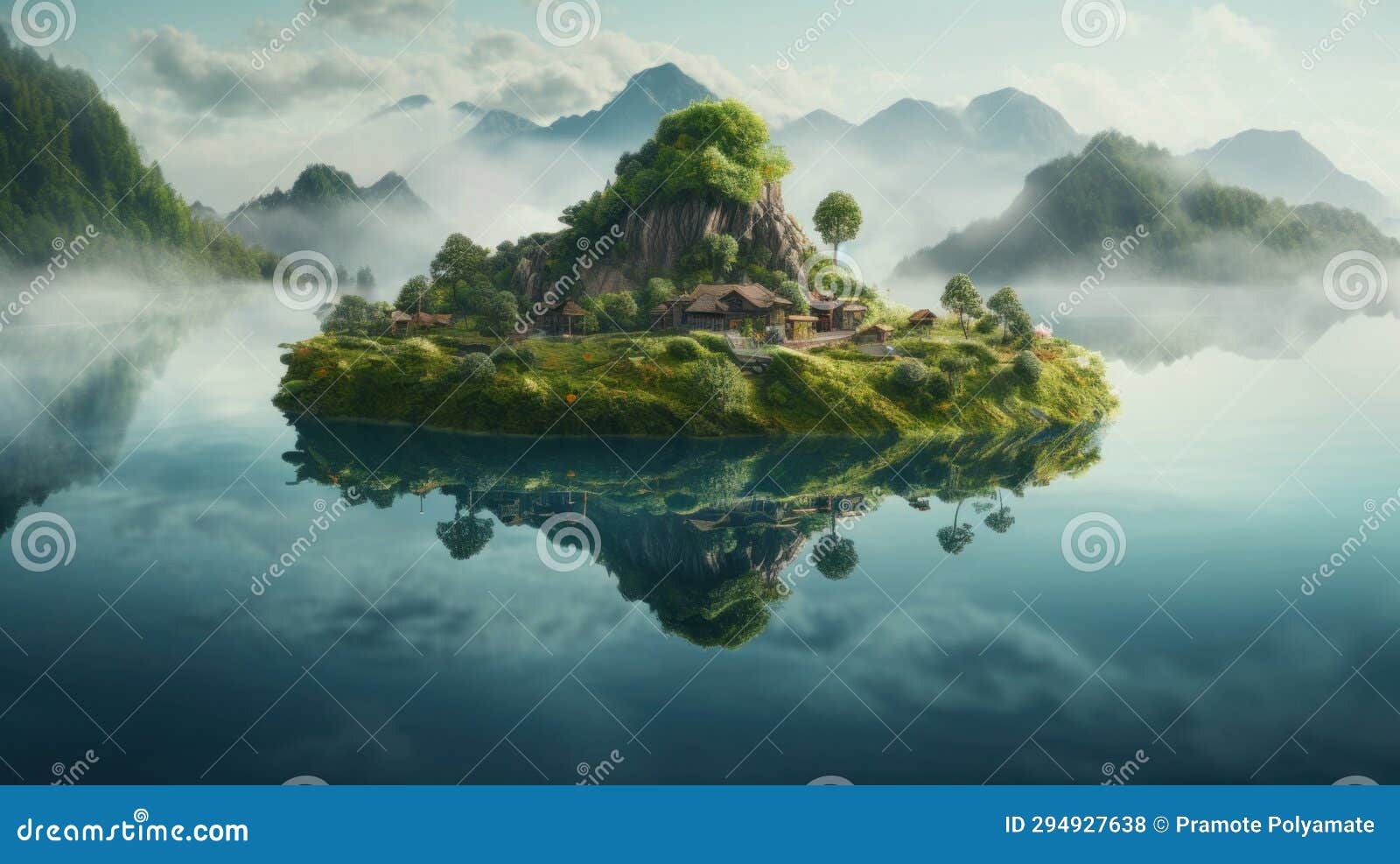 Floating Island with Greenery and Beautiful Landscape Scenery Stock ...