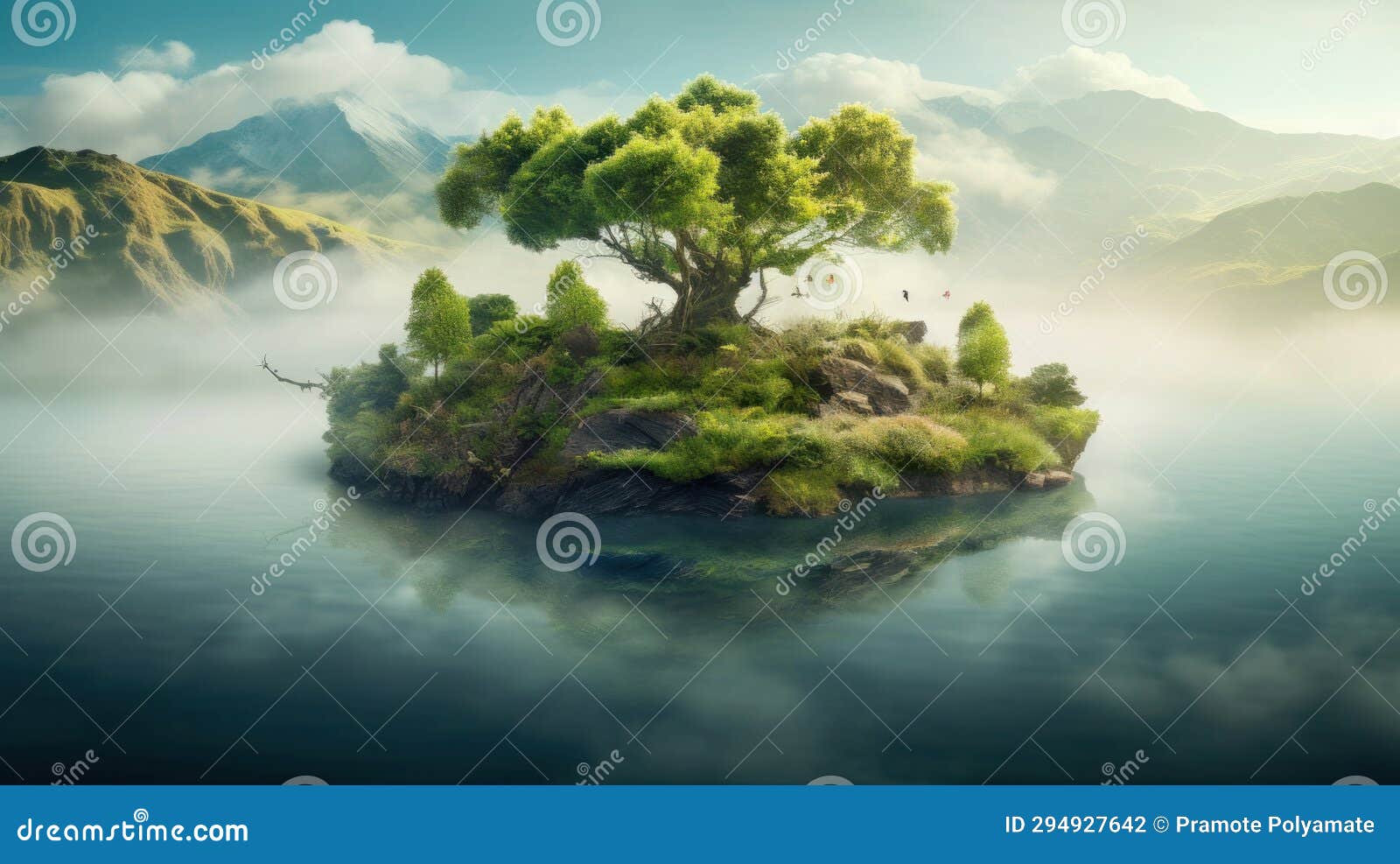 Floating Island with Greenery and Beautiful Landscape Scenery Stock ...