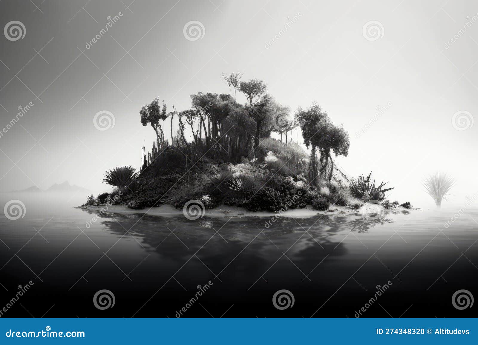 Floating Island of Greenery in Desolate, Monochrome Desert Stock ...