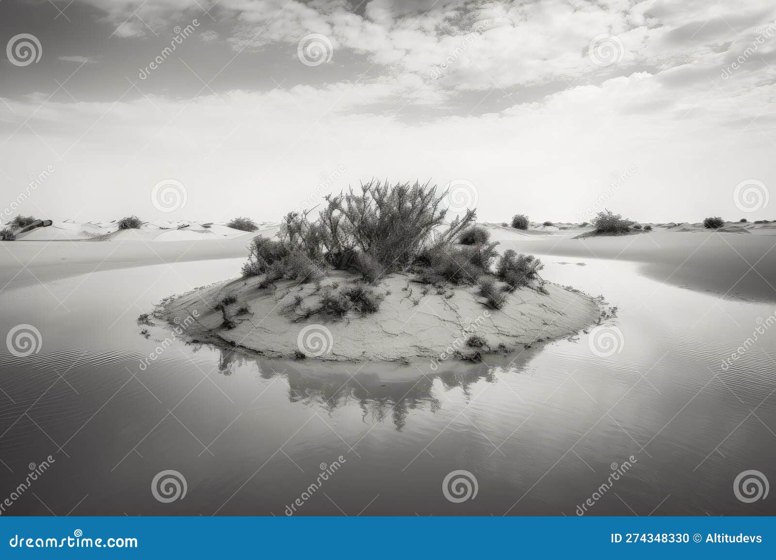 Floating Island of Greenery in Desolate, Monochrome Desert Stock ...