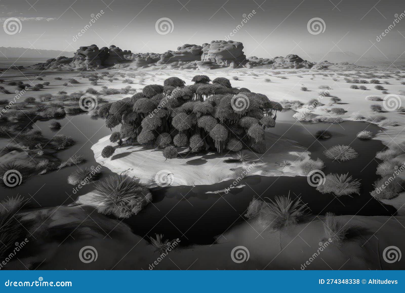 Floating Island of Greenery in Desolate, Monochrome Desert Stock ...