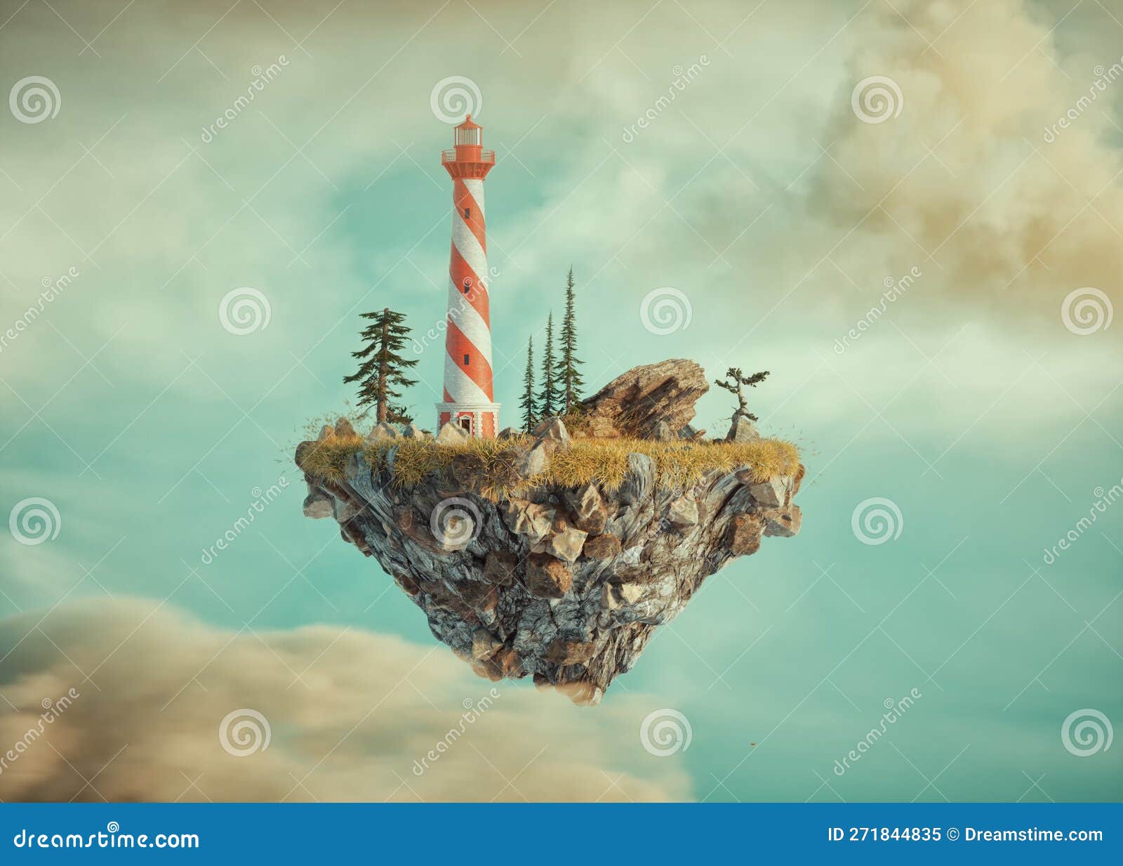 Floating Island with a Lighthouse Stock Illustration - Illustration of ...