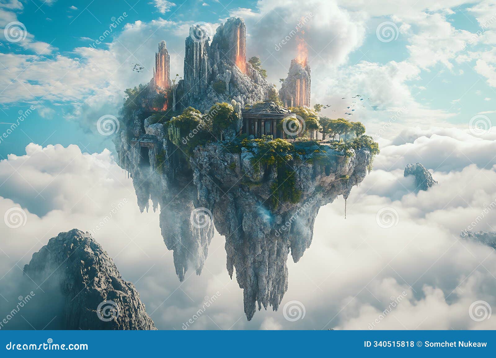 Floating Island with Lush Greenery and Ancient Structures Above Clouds ...